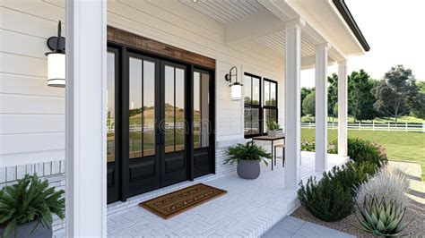 A Black Front Door With Glass Panels Is Flanked By Two Stone Pillars