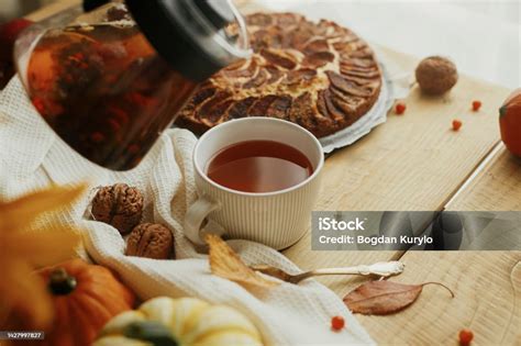 아늑한 가을 계피 단풍 호박 및 견과류와 함께 갓 구운 따뜻한 사과 파이로 나무 테이블 배경에 세련된 컵에 허브 차를 붓습니다 하이지 홈 가을에 대한 스톡 사진 및 기타