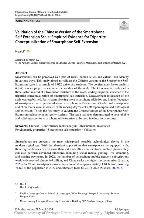 Validation Of The Chinese Version Of The Smartphone Self Extension Scale Empirical Evidence For