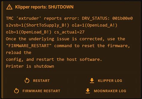 Klipper Tmc Extruder Reports Error Drvstatus 001b00e0 S2vsb1shorttosupplyb Using