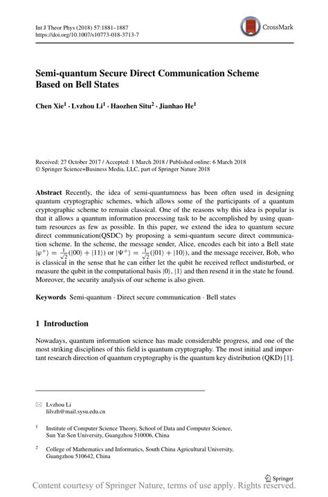 Semi Quantum Secure Direct Communication Scheme Based On Bell States Request Pdf