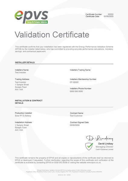 Epvs Validation Certificate