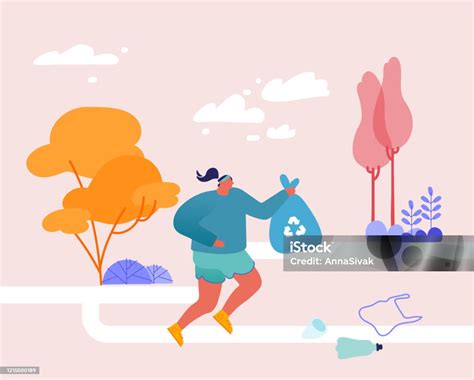 여성 스포츠 캐릭터 페깅 개념입니다 실행 여자는 재활용을위한 가방에 쓰레기를 데리러 플라스틱 쓰레기를 수집 조깅 소녀 환경 보호