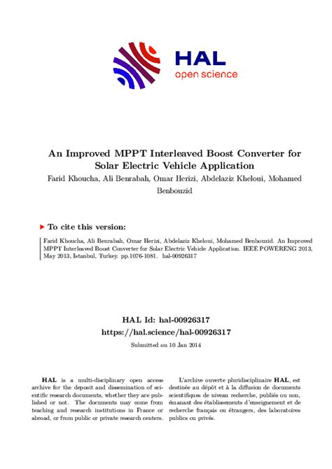 Pdf An Improved Mppt Interleaved Boost Converter For Solar Electric Vehicle Application