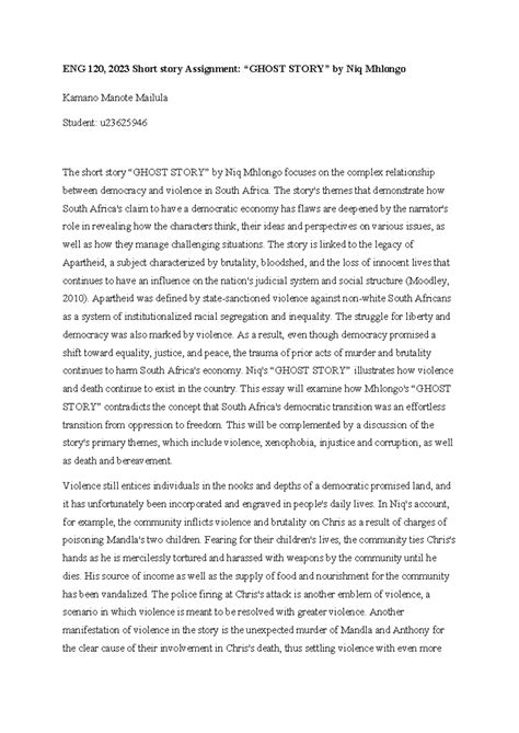 Eng 120 Short Short Assignment Ghost Story By Niq Mhlongo Eng 120