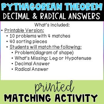 Pythagorean Theorem Matching Activity 8th Grade Geometry TPT