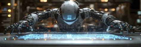 Robot Analyzing Holographic Interface In A Lab Stock Illustration