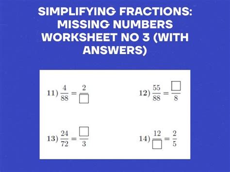 Simplifying Fractions Missing Numbers Worksheet No 3 With Answers