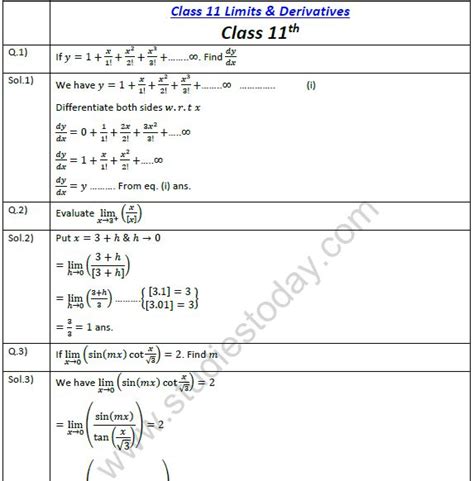 Cbse Class 11 Mathematics Limits And Derivatives Assignment Set I