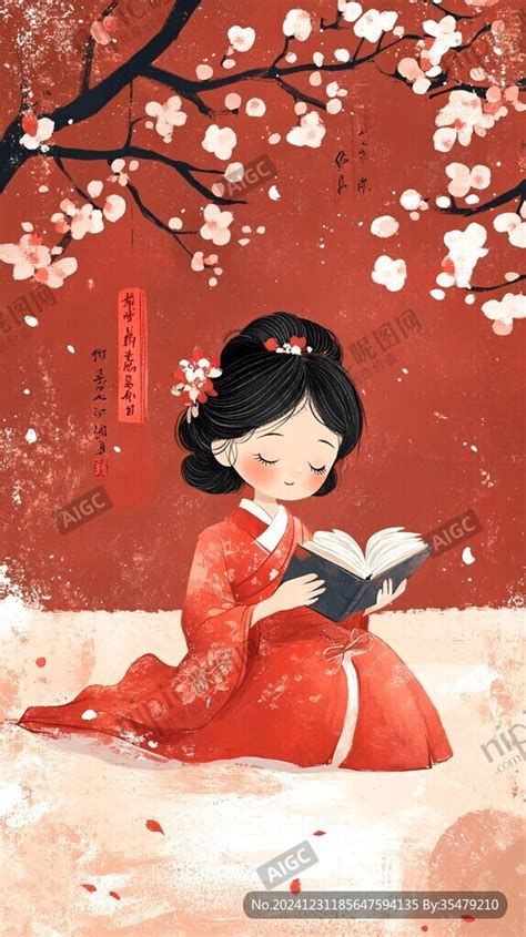Ai创作图节气女孩节气美女 卡通红色汉服女孩 认真读书的女生 汉服女孩插画 读书日插画 初春插画清宫插画 朗读会插画 诗词插画 红衣美人插画 二十四节气绘女孩 立春节气女孩插画 插画汉服女孩