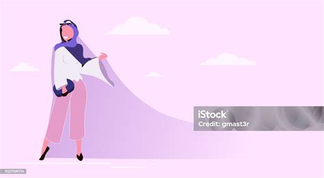 아랍 여자 포즈 행복 아랍어 여자 착용 Hijab 패션 옷 무슬림 여성 만화 캐릭터 전체 길이 플랫 핑크 하늘 배경 가로 서 개념에 대한 스톡 벡터 아트 및 기타 이미지