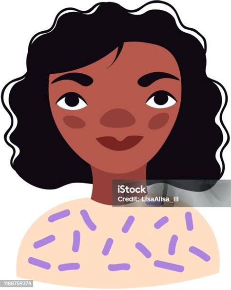 꽤 아름다운 아프리카 계 미국인 여성의 귀여운 만화 그림입니다 소녀 검은 곡선 머리와 여자 아바타 미소 흰색 배경에 고립 된 벡터 문자 그림 곡선에 대한 스톡 벡터 아트 및