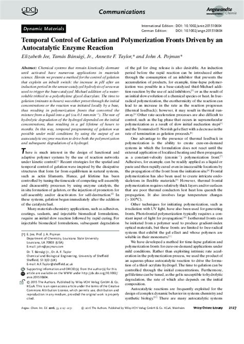 Pdf Temporal Control Of Gelation And Polymerization Fronts Driven By An Autocatalytic Enzyme