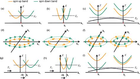 schematic of the electronic structures and spin polarizations of three