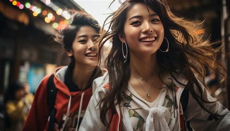 Premium Ai Image Two Japanese Girls Walking In Shopping Streets Of