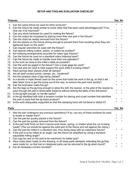 setup and tooling evaluation checklist