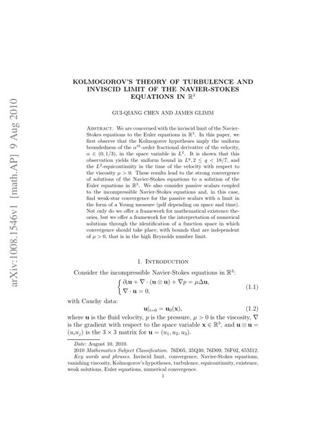 Pdf Kolmogorovs Theory Of Turbulence And Inviscid Limit Of The Navier Stokes Equations In R 3