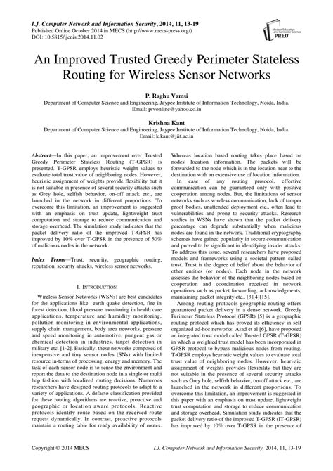 Pdf An Improved Trusted Greedy Perimeter Stateless Routing For Wireless Sensor Networks