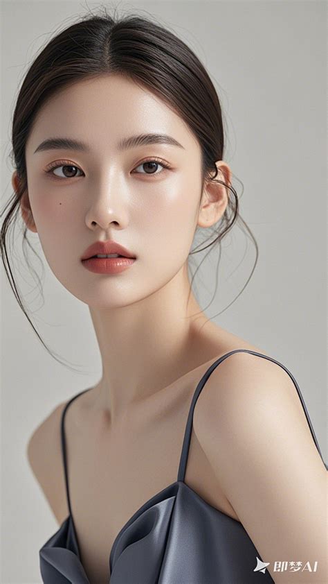 一位女孩，青春，高级感，人物肖像特写镜头，面部无遮挡，简约构图，浅色背景，简约高定礼服，高级摄影， 2