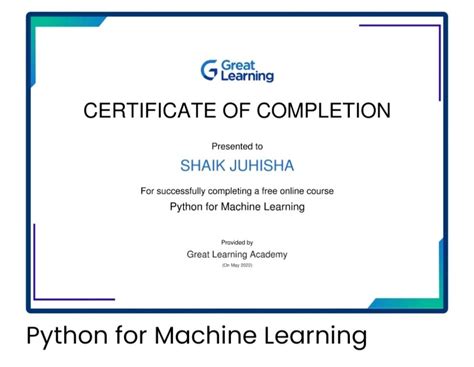 Shaik Juhisha On Linkedin Completion Certificate On Machine Learning
