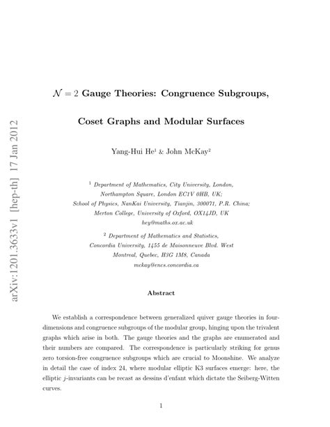 Pdf N 2 Gauge Theories Congruence Subgroups Coset Graphs And Modular Surfaces