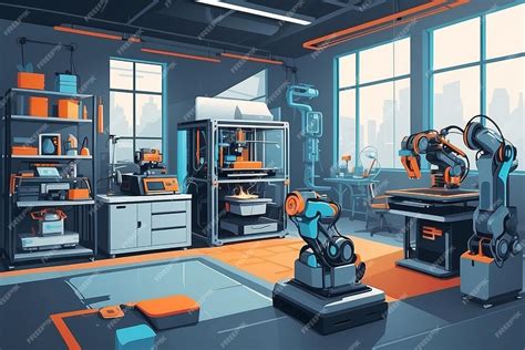 Premium Photo Create A Vector Graphic Of A Robotics Lab With 3d Printers And Lasercutting Machines
