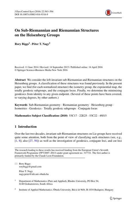 Pdf On Sub Riemannian And Riemannian Structures On The Heisenberg Groups