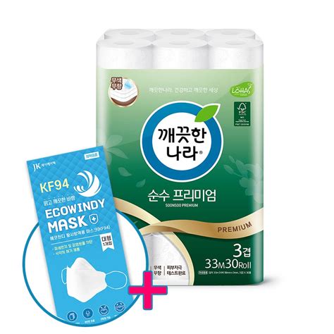 화장지 순수 프리미엄 3겹 화장지 33m 30롤 1팩 윈디 마스크 1매 오늘의집 쇼핑