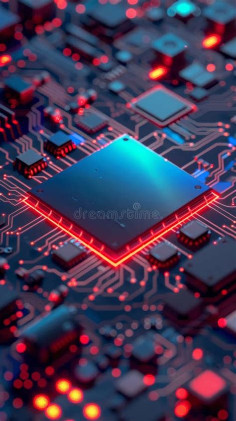 Close Up Of A Glowing Electronic Circuit Board With A Central Microchip Futuristic Technology