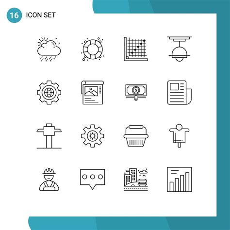 Universal Icon Symbols Group Of 16 Modern Outlines Of Browser Lamp