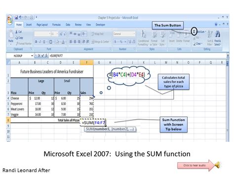 Microsoft Excel 2007 Using The Sum Function Randi Leonard Before The