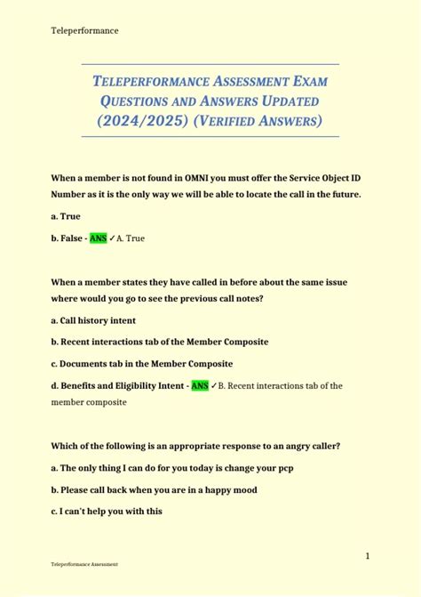 Teleperformance Assessment Exam 20242025 Updated Questions