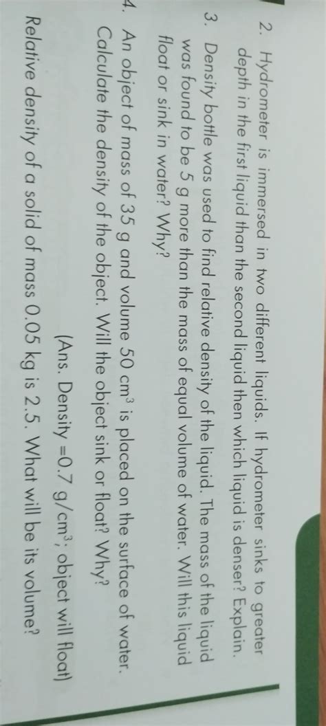 solved 2 hydrometer is immersed in two different liquids if
