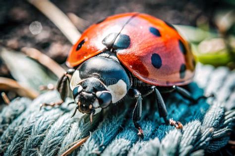 Close Up Photo Of A Ladybug With Red Shell And Black Spots Stock