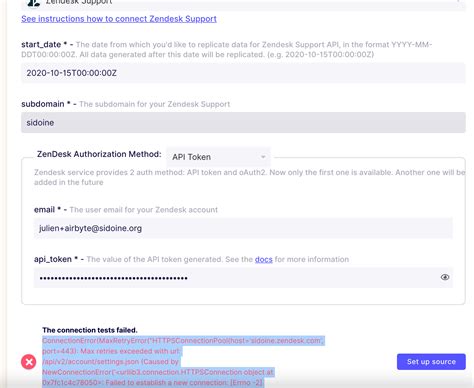 Cannot Create A Zendesk Support Source · Issue 7334 · Airbytehq