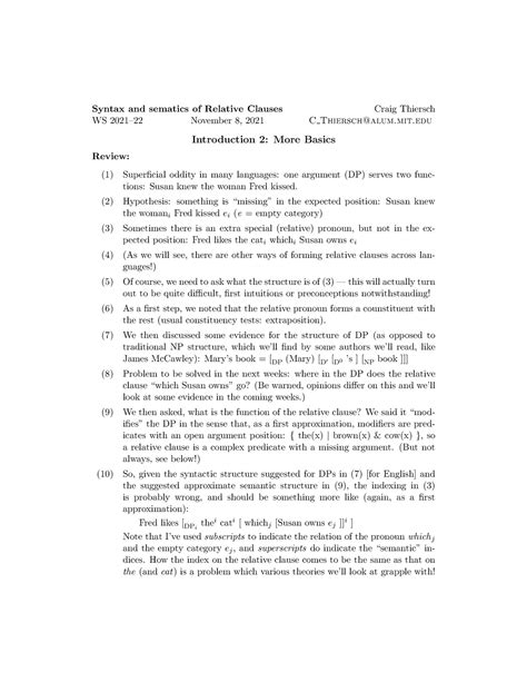 Introduction 2 Winter Semester Syntax And Sematics Of Relative Clauses Craig Thiersch Ws