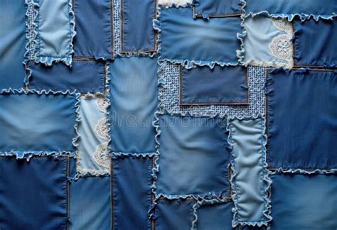 Blue Denim Patchwork Fabric With Texture Of Various Shades Rectangular