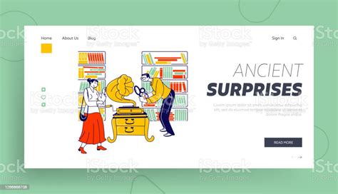 캐릭터는 골동품 방문 페이지 템플릿을 구입골동품 음악 상점을 방문합니다 남자 또는 여자 시도 빈티지 고대 개념에 대한 스톡 벡터 아트 및 기타 이미지 Istock