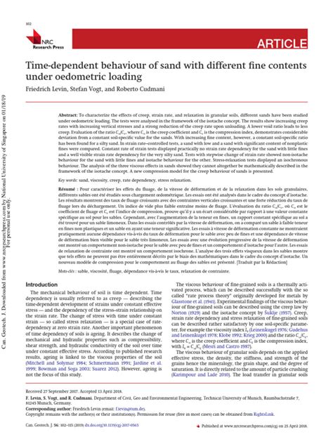 Levin Et Al 2019 Time Dependent Behaviour Of Sand With Different Fine Contents Under