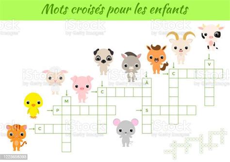 아이들을위한 크로스 워드 퍼즐 사진과 크로스 워드 퍼즐 게임 아이 활동 워크 시트 다채로운 인쇄 버전입니다 연구 프랑스어 단어에 대한 교육 게임 벡터 스톡