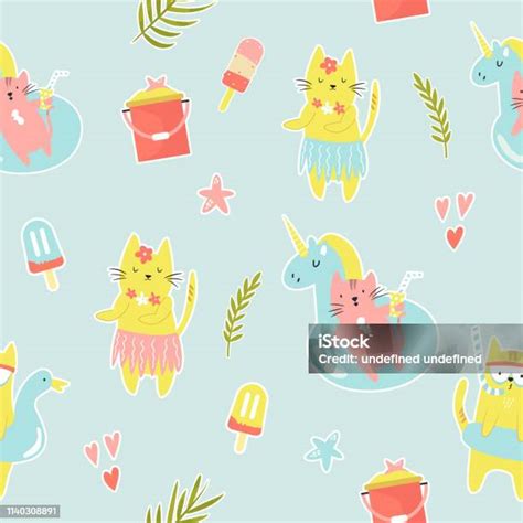 재미 있는 여름 고양이와 함께 밝은 완벽 한 패턴입니다 웹 포장지 직물 선물 상자 배경 벡터에 대한 스톡 벡터 아트 및 기타