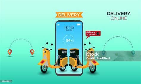 휴대 전화에 스쿠터로 빠른 온라인 배달 패키지 전자 상거래 성공 위치 추적의 조명 식품 주문 배달 개념 3차원 형태에 대한 스톡 벡터 아트 및 기타 이미지 Istock