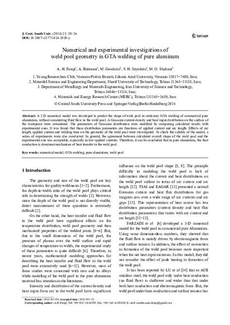 Pdf Numerical And Experimental Investigations Of Weld Pool Geometry In Gta Welding Of Pure