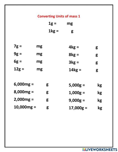 Convert Units Of Mass 1 Worksheet Live Worksheets