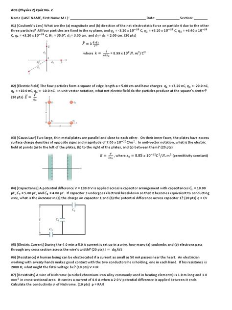 Physics 2 Quiz 2 Pdf Electric Field Capacitance