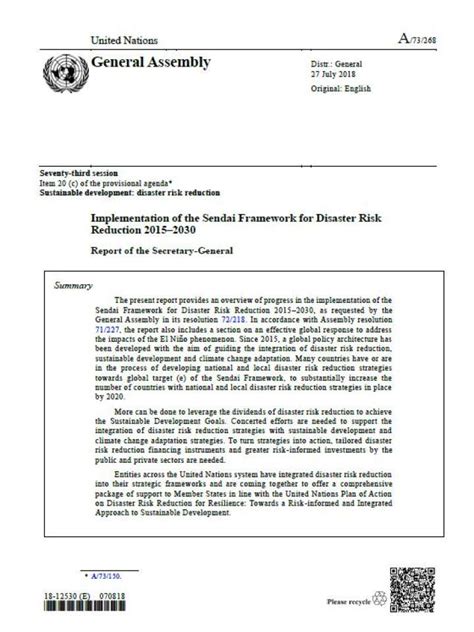 Report Of The Secretary General On The Implementation Of The Sendai Framework For Disaster Risk