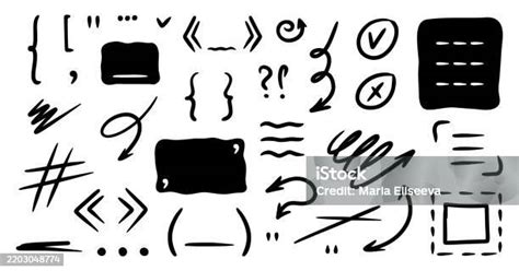 낙서 모양 텍스트 상자 괄호 대괄호 구두점 쉼표 구불구불한 화살표 선 소셜 미디어용 사각형 프레임 블랙 추상 고립 된 디자인 요소 대화를 위한 말풍선 얼룩 인용문을 위한