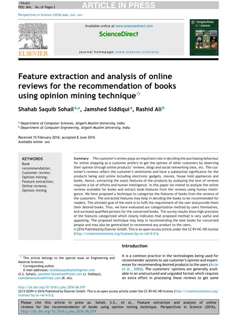 Pdf Feature Extraction And Analysis Of Online Reviews For The