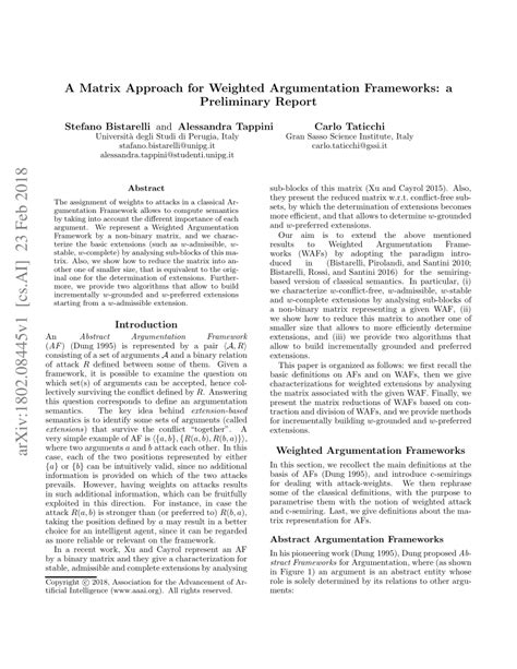 Pdf A Matrix Approach For Weighted Argumentation Frameworks A