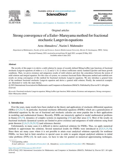 Pdf Strong Convergence Of A Euler Maruyama Method For Fractional Stochastic Langevin Equations